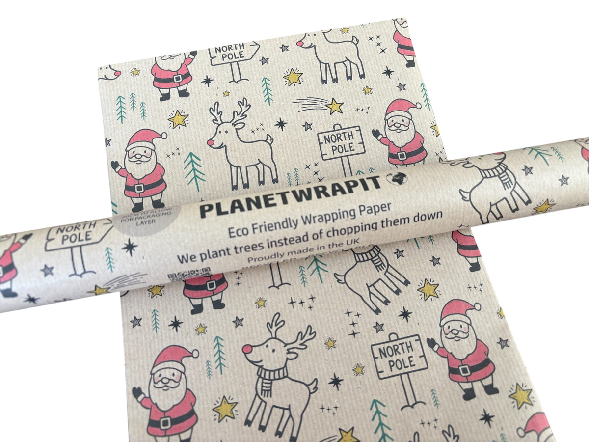 Christmas Rudolph and Santa Gift Wrap | Recycled Kraft Wrapping Paper ...